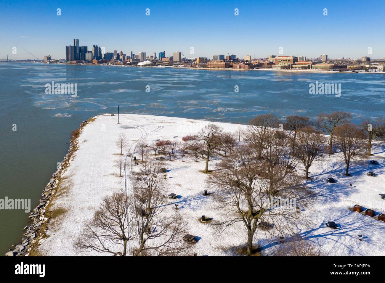 Detroit, Michigan - Belle Isle and the Detroit River in winter, with ...