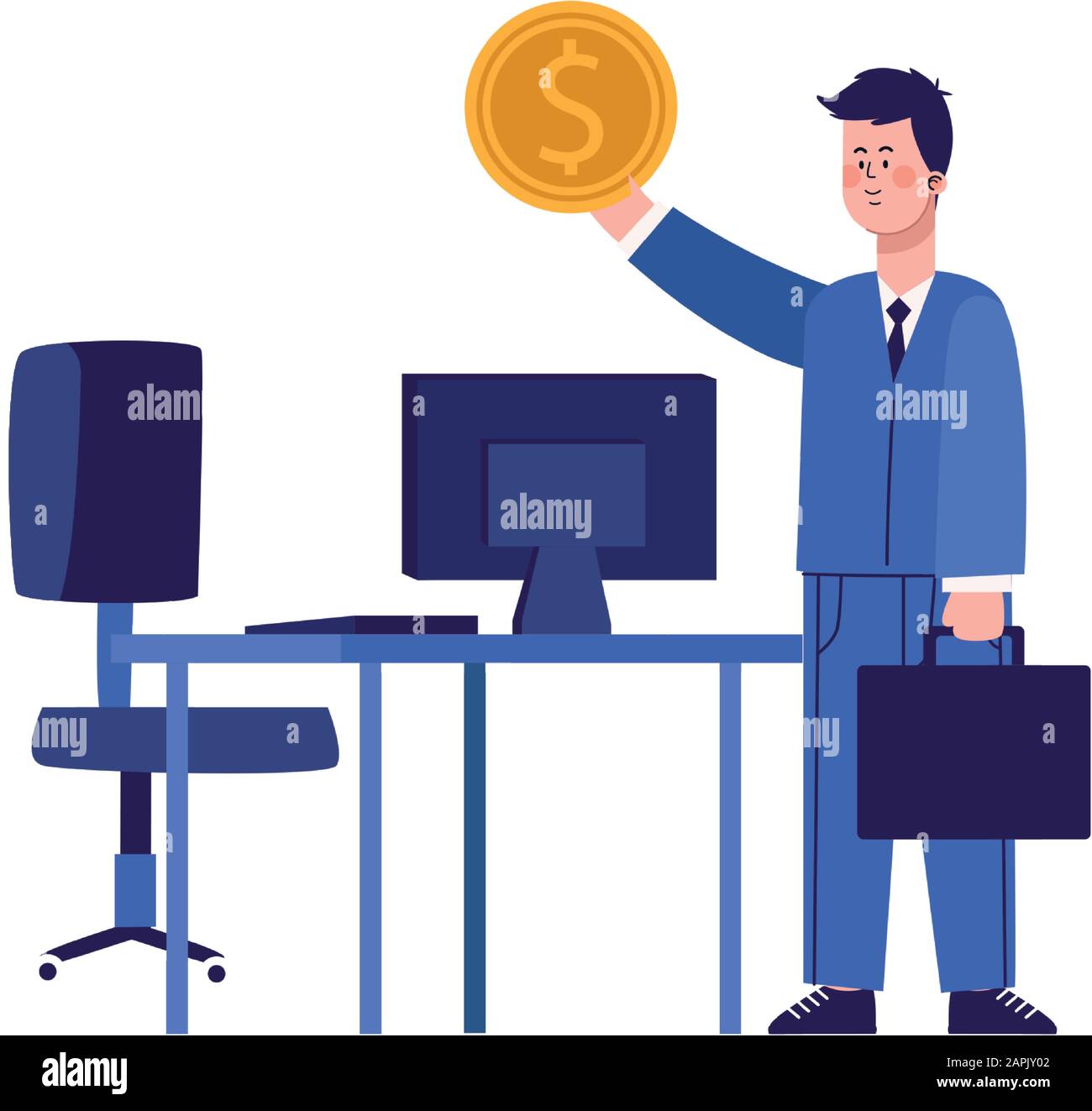 cartoon businessman holding a money coin and office desk with computer ...