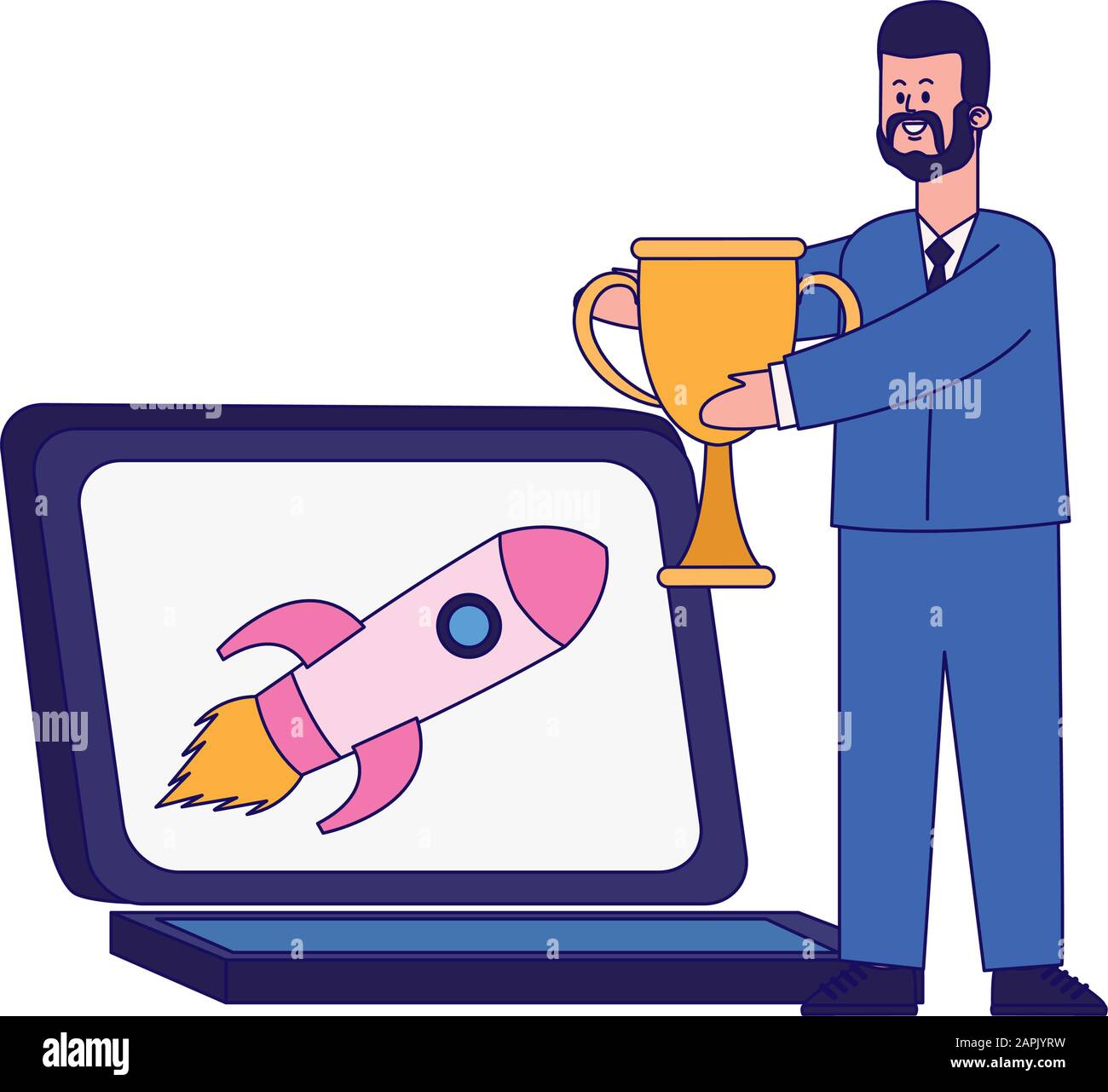 cartoon businessman holding a trophy and laptop computer with rocket ...
