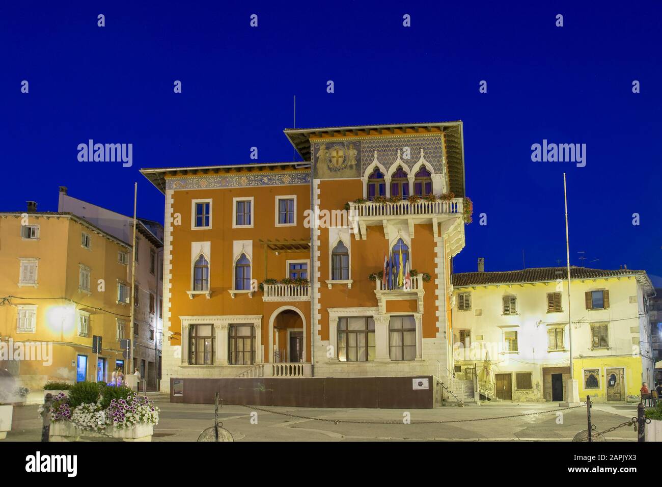 Vodnjan, Istria, Croatia, old town square with neo-gothic city hall ...