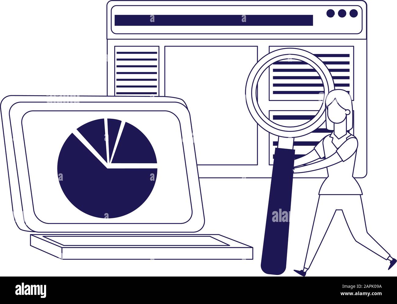 Laptop computer, web page and woman holding a magnifying glass, flat ...