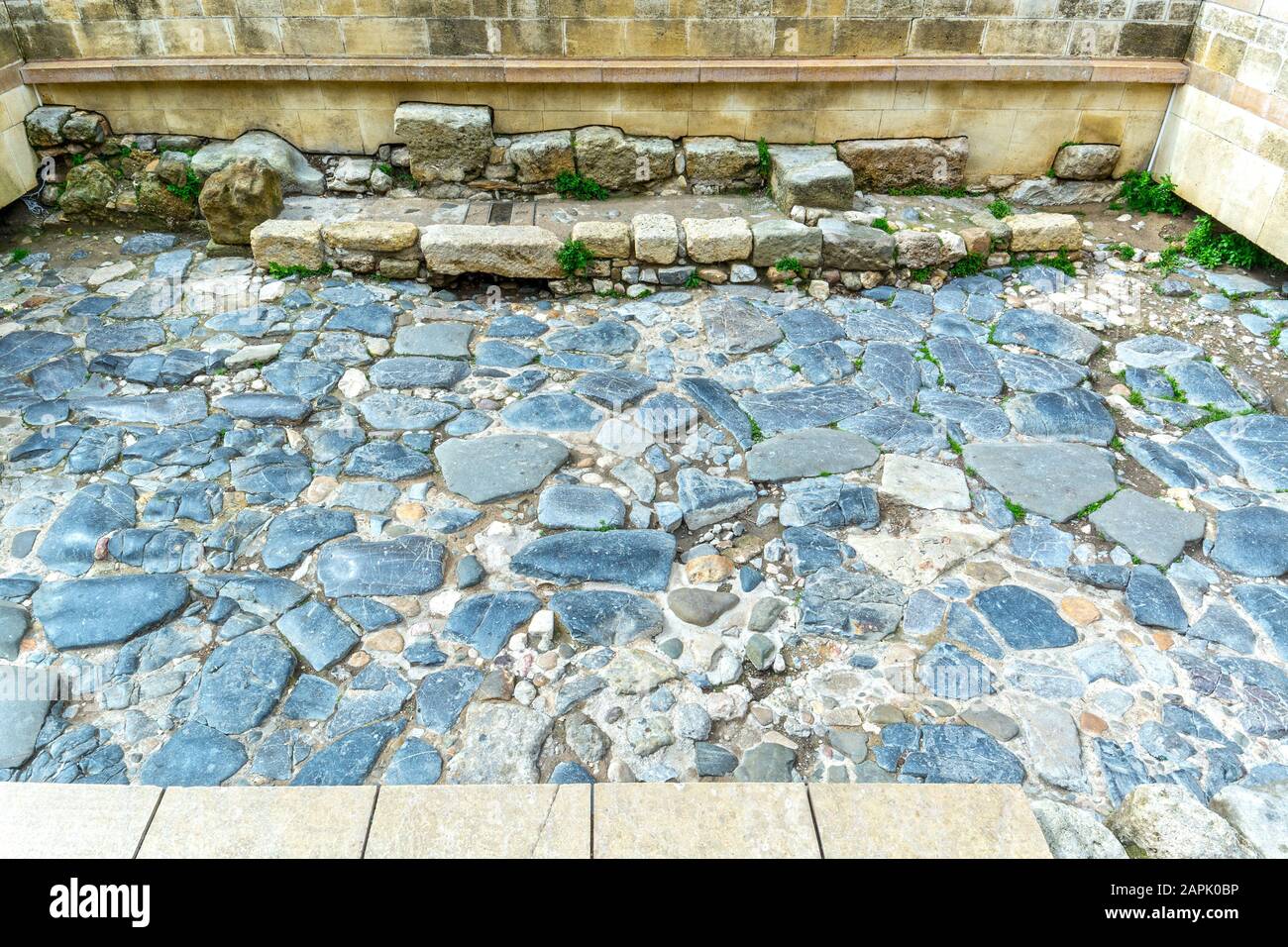 Section of the ancient Roman way Via Domitia in the central square of ...