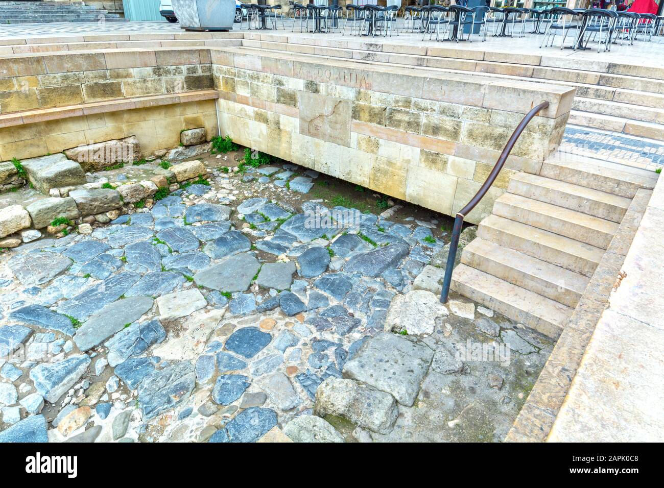 Section of the ancient Roman way Via Domitia in the central square of ...