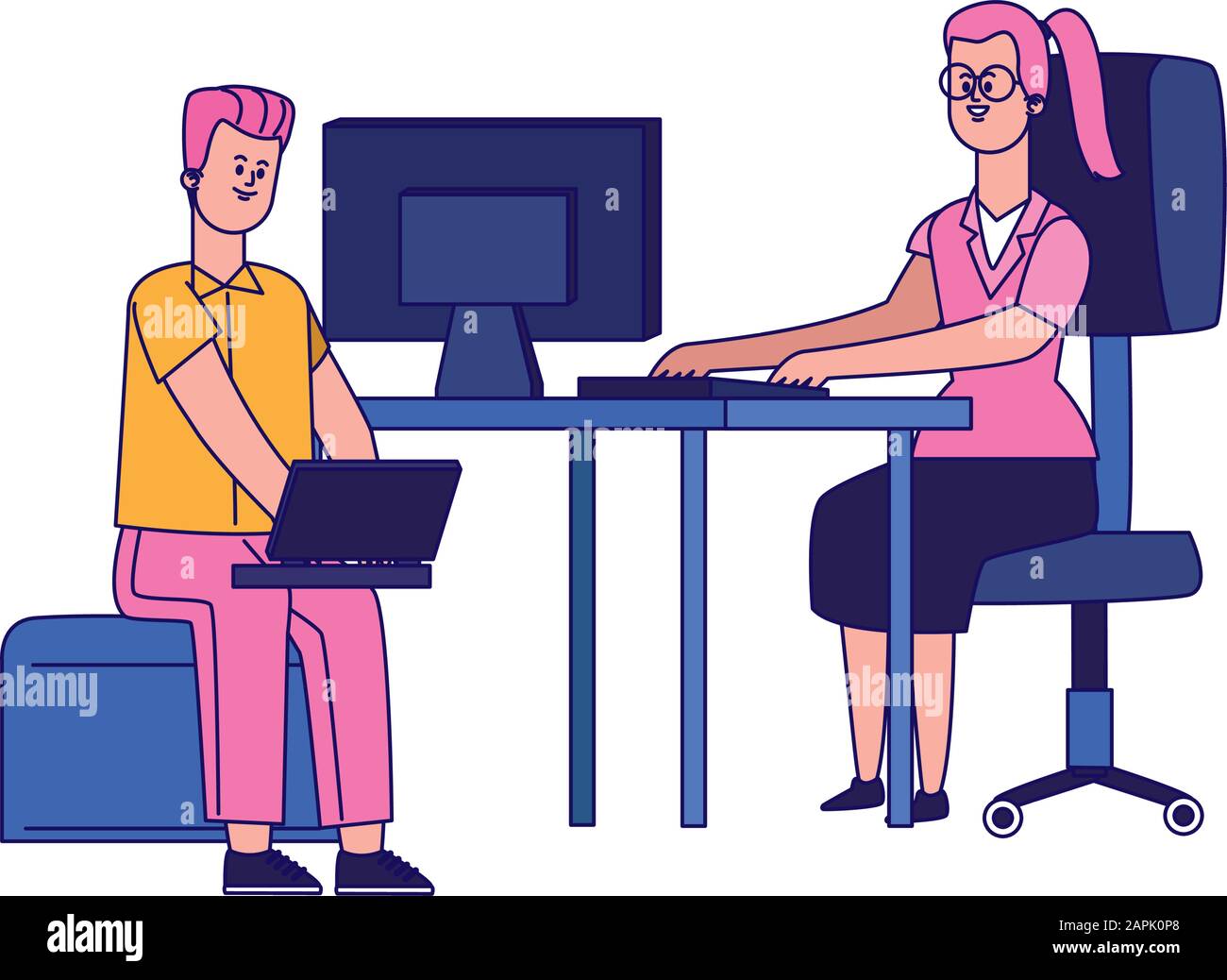 cartoon businessman using a laptop computer and woman working at office ...