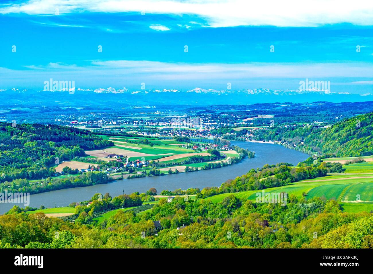 Danube in Lower Austria, Melk region with snowy Alps mountains in ...