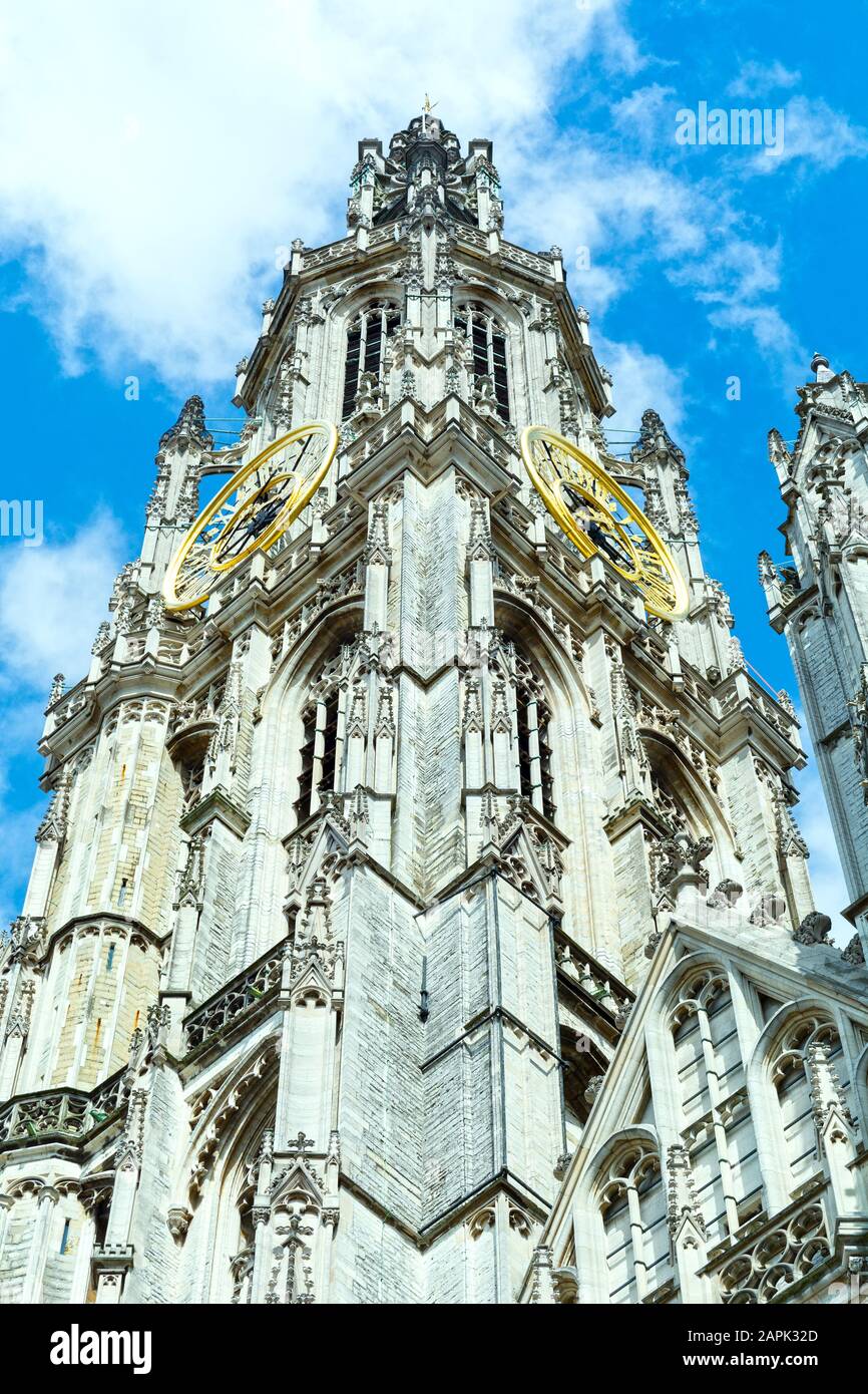 Gothic cathedral clock tower in Antwerp, Belgium Stock Photo - Alamy