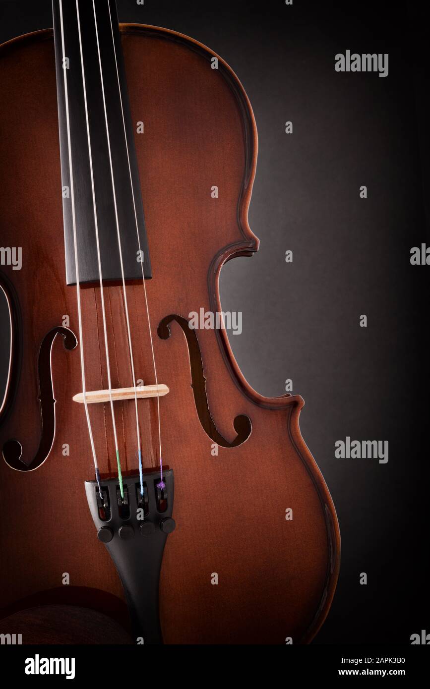 Violin detail with isolated black background. Front view. Vertical ...