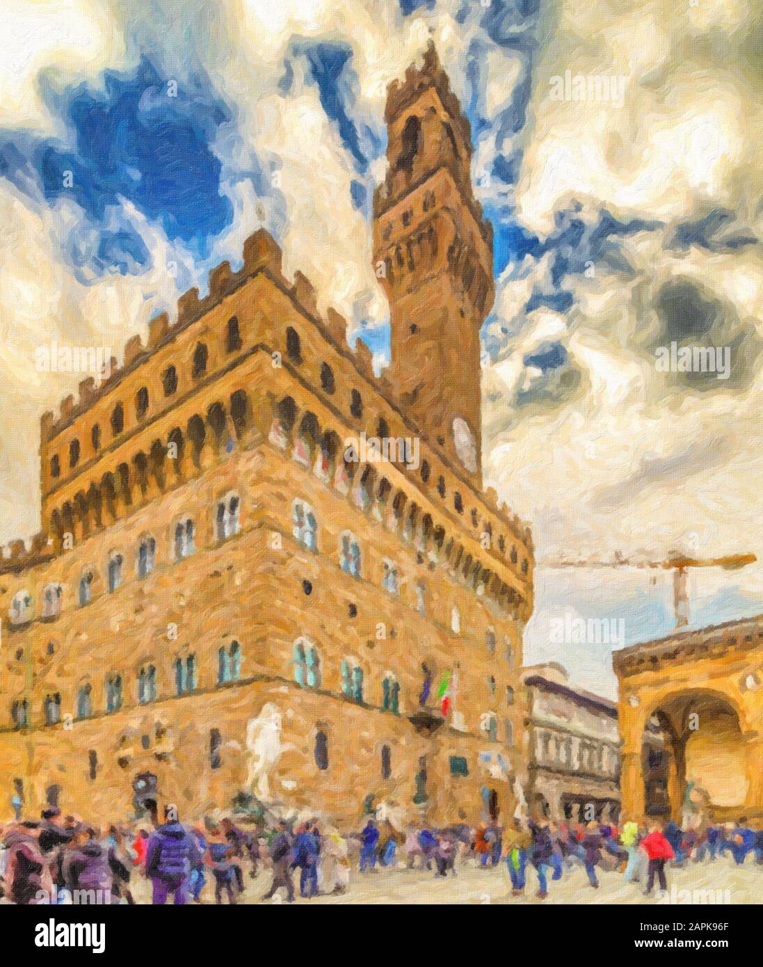 illustration of tourists visiting Palazzo Vecchio in SIgnoria Square in ...