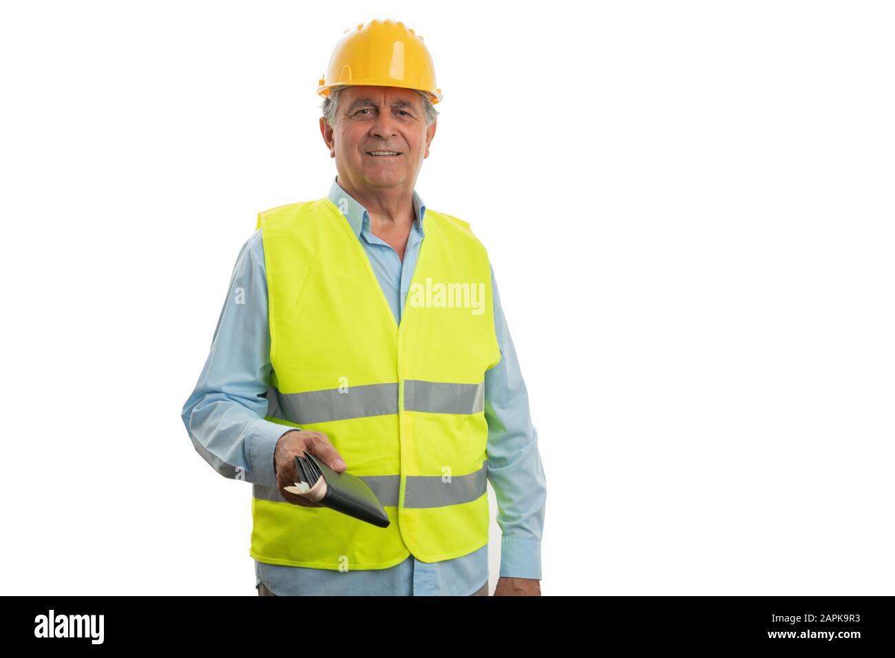 Old male engineer smiling as presenting leather wallet with money ...