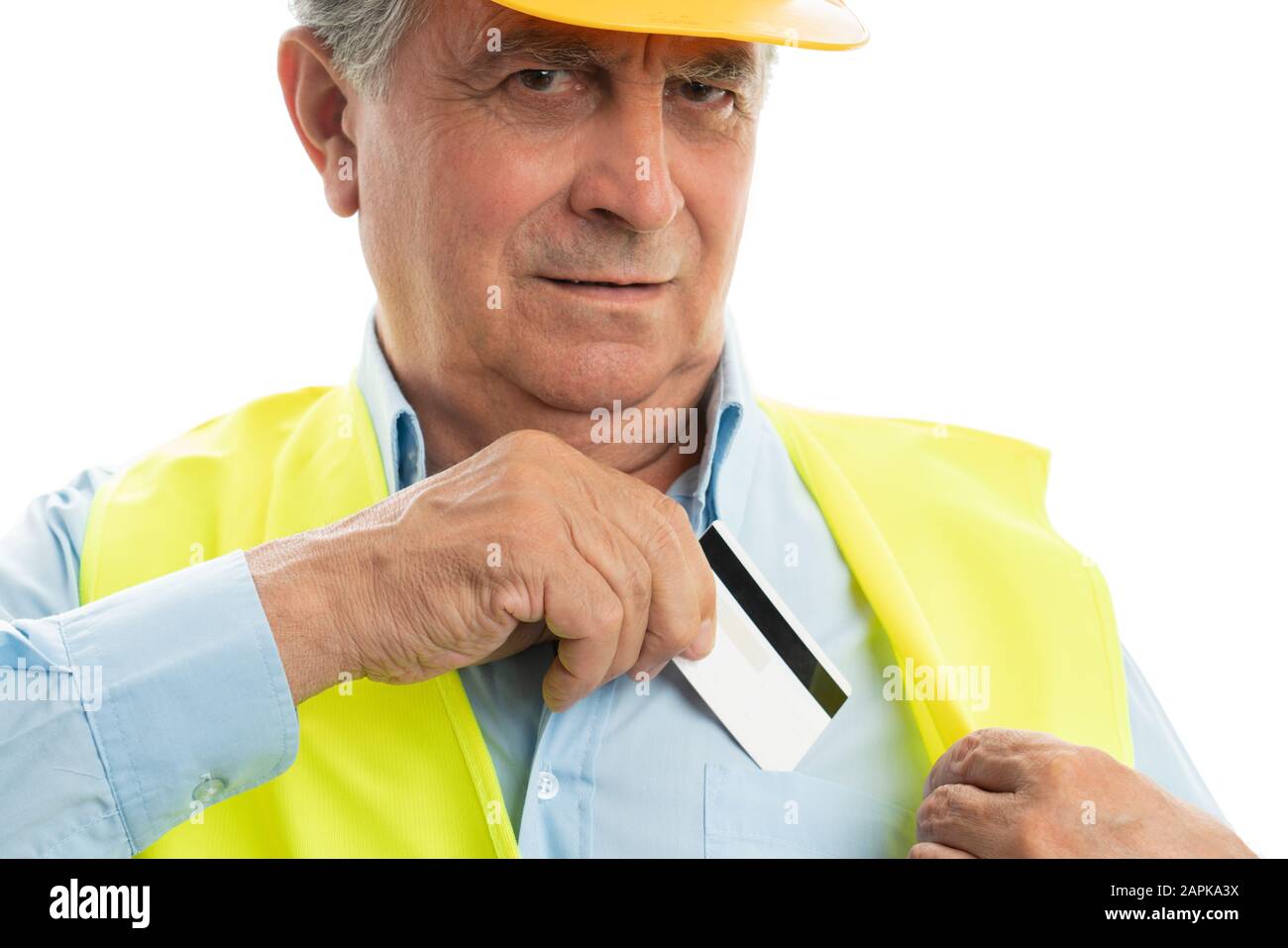 Closeup of trustworthy architect man hiding credit card inside chest ...
