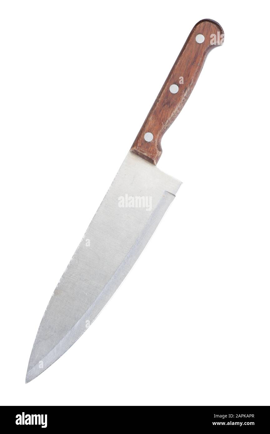 Old kitchen knife with wooden handle isolated on white background Stock ...
