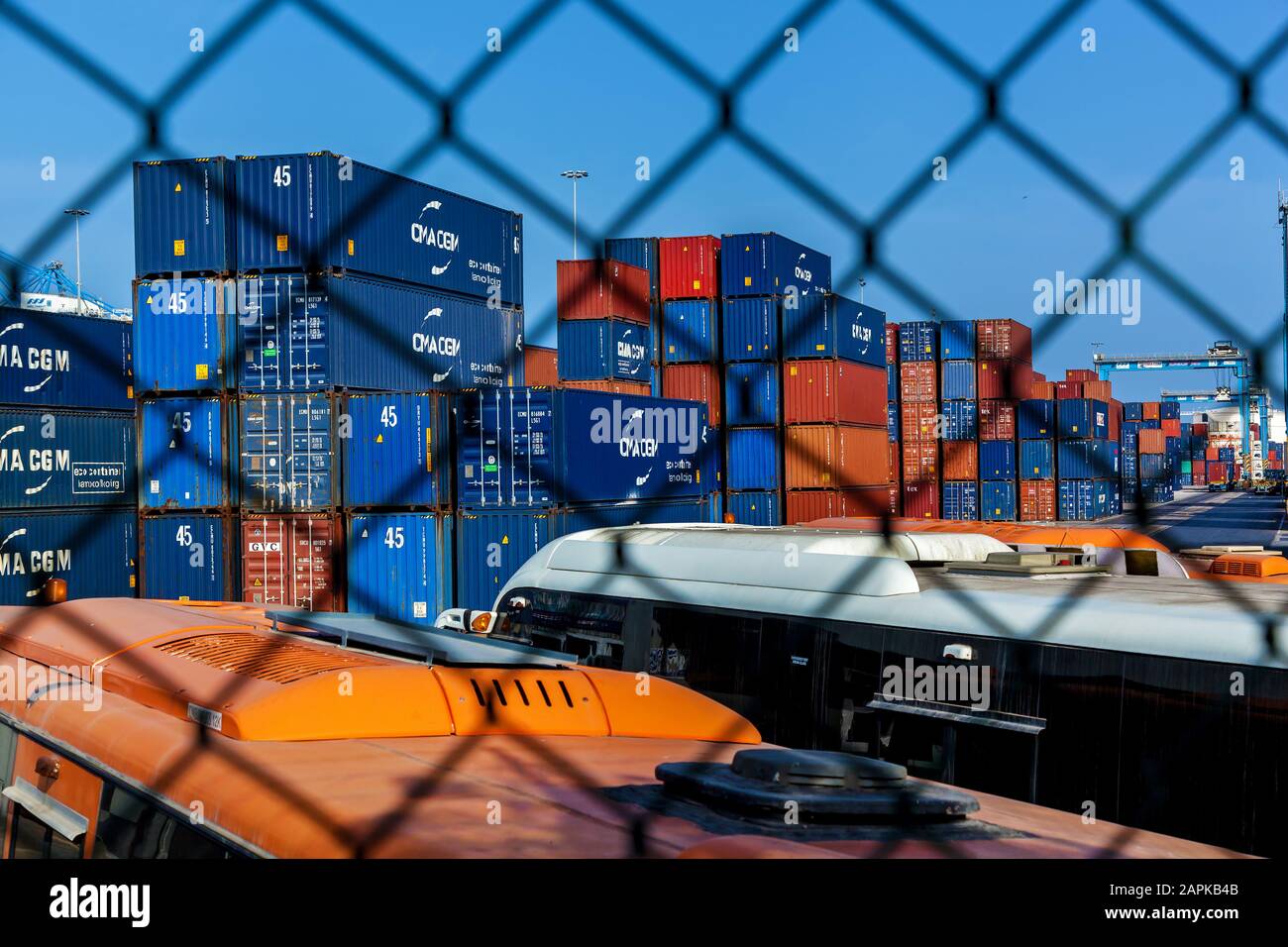 Marsaxlokk, Malta June 17, 2019: A container port and a cargo ship ...