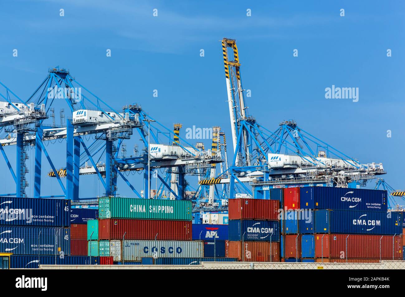 Marsaxlokk, Malta June 17, 2019: A container port and a cargo ship ...