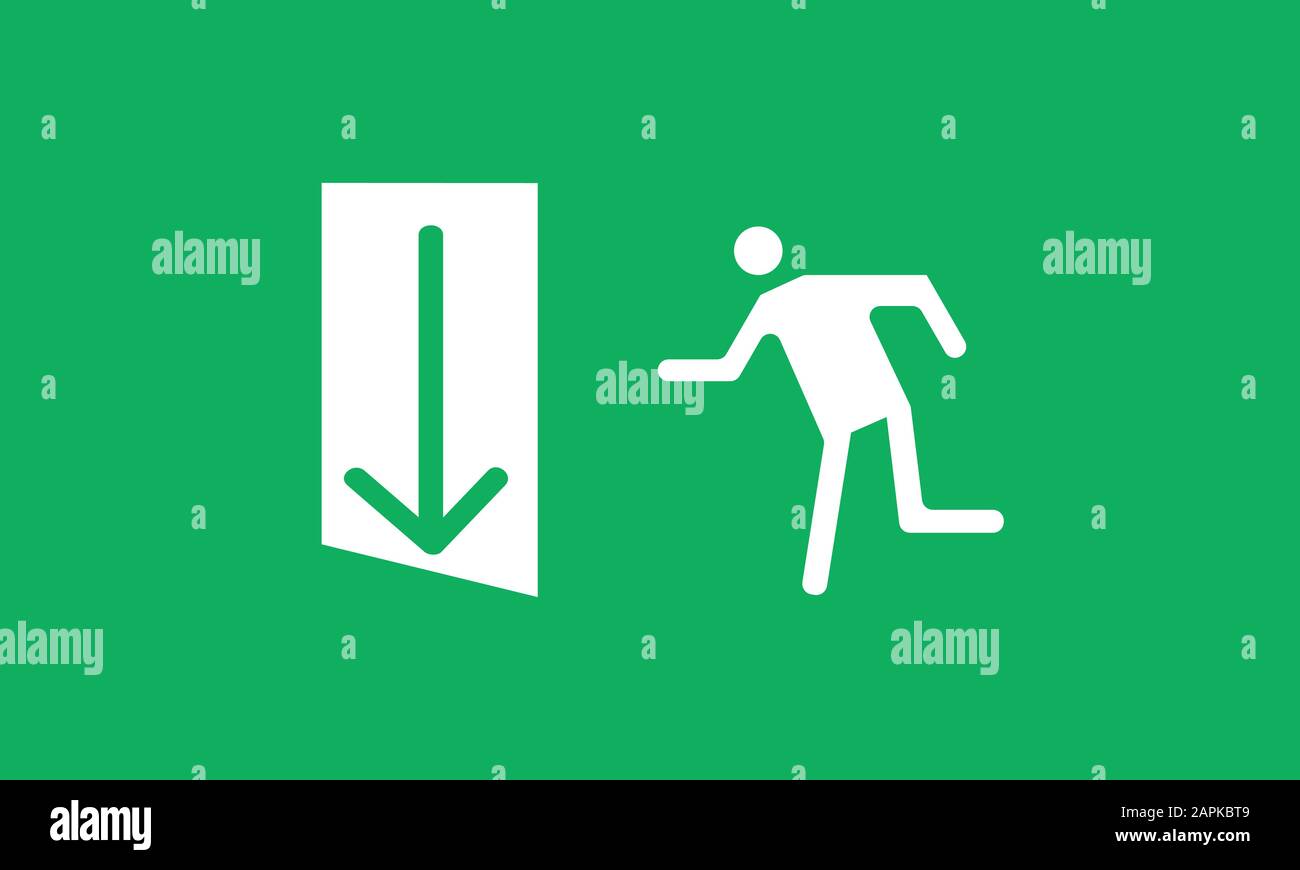 Evacuation plate Exit here Illustration. Fire safety. Green color Fire ...