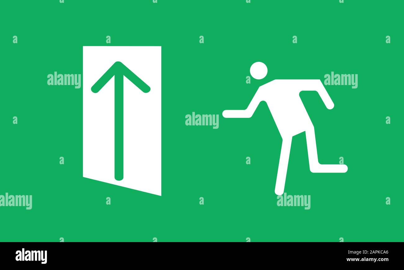 Evacuation plate Exit here Illustration. Fire safety. Green color Fire ...