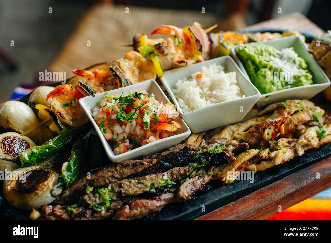 A variety of dishes on a ONE PLATE. Restaurant serving. Top view ...