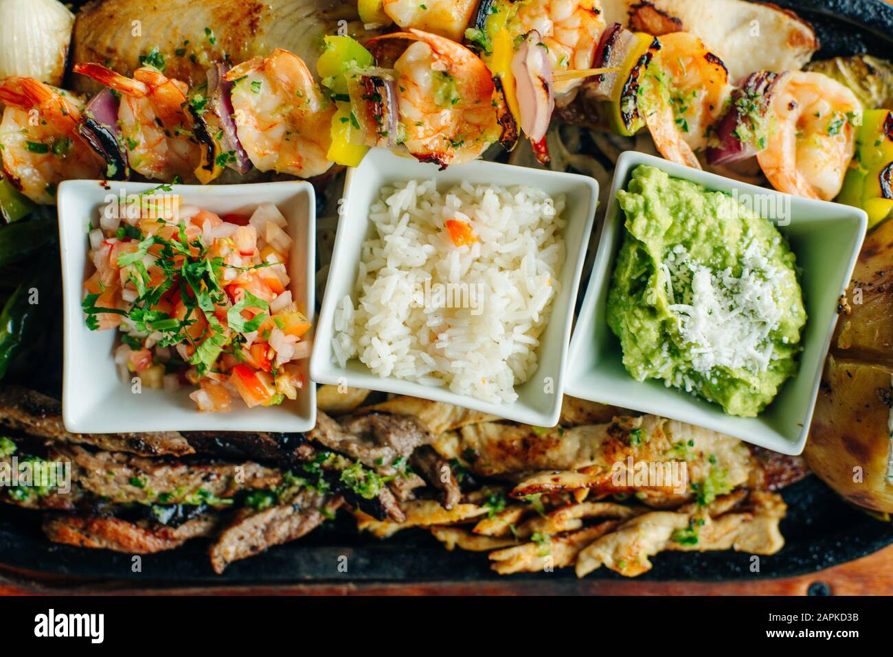 A variety of dishes on a ONE PLATE. Restaurant serving. Top view ...