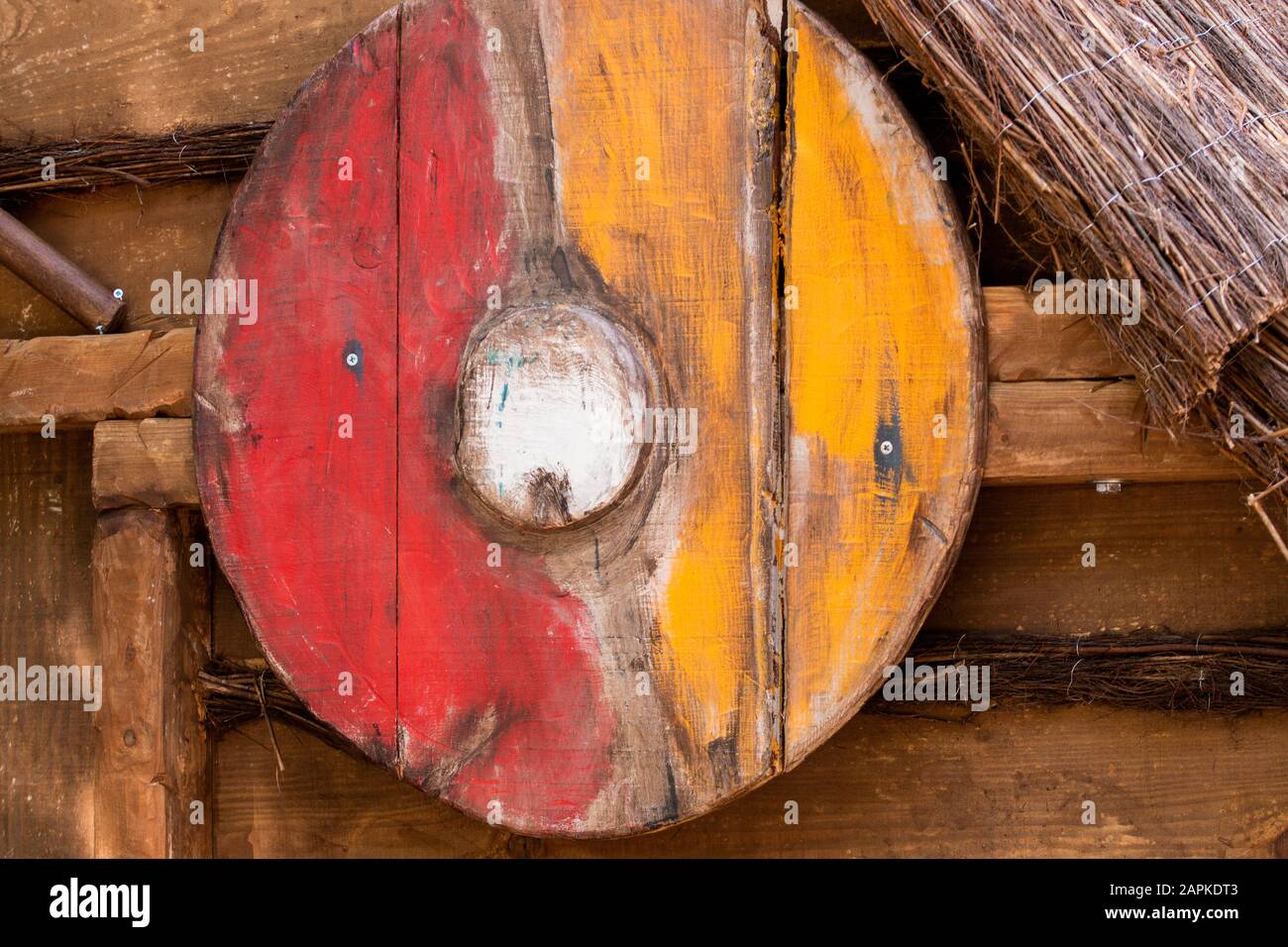 Round medieval wooden shield at display on a fair Stock Photo - Alamy