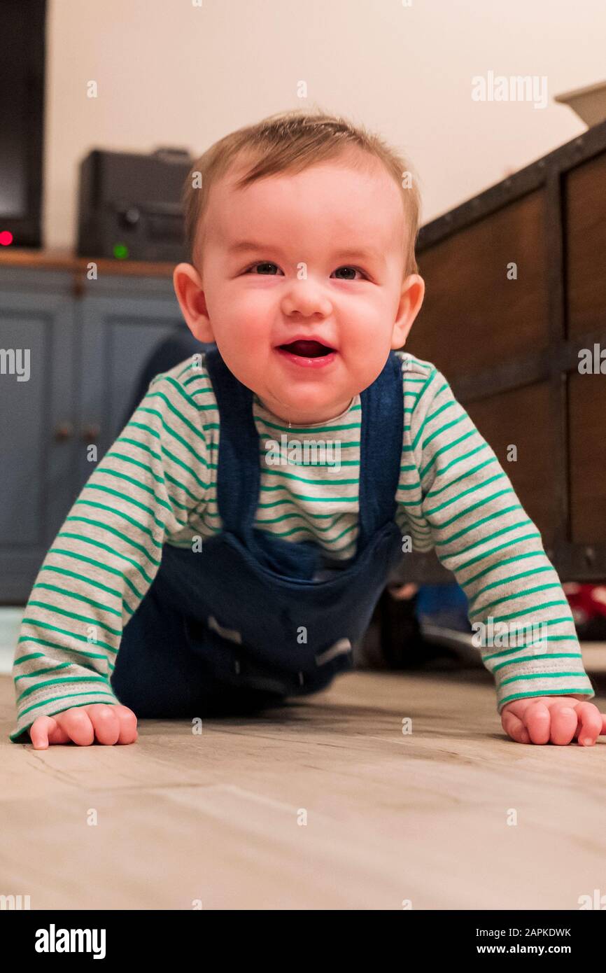 Seven month old baby boy happily crawling across living room floor ...