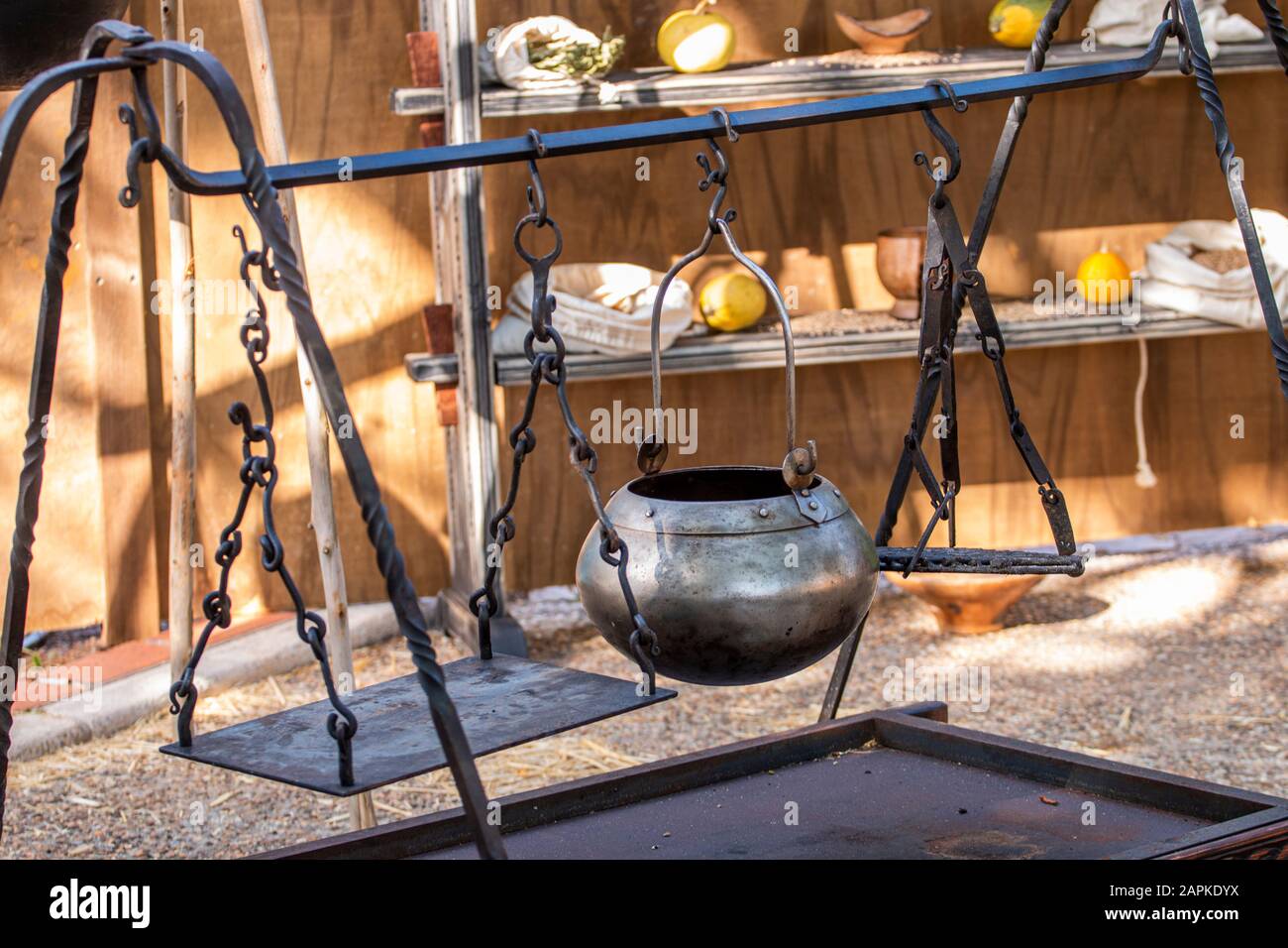 View of traditional cast iron pot at display on a medieval fair Stock ...