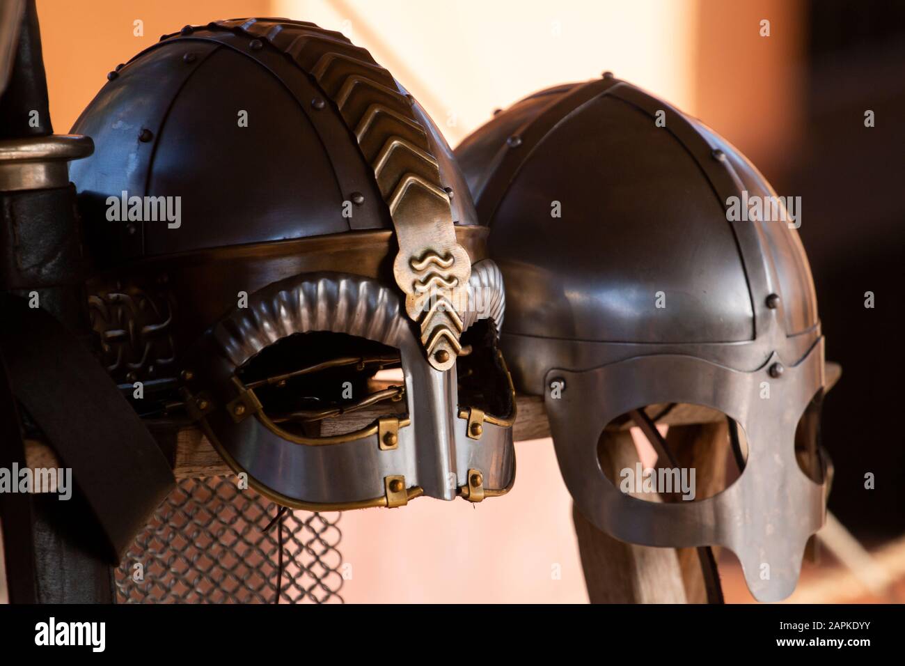 Close up view of Medieval battle helmets Stock Photo - Alamy