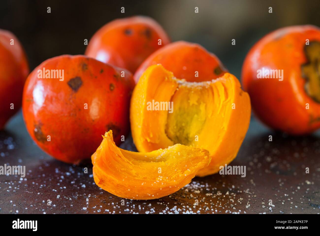Slice of the exotic tropical fruit of Bactris gasipaes palm tree called ...