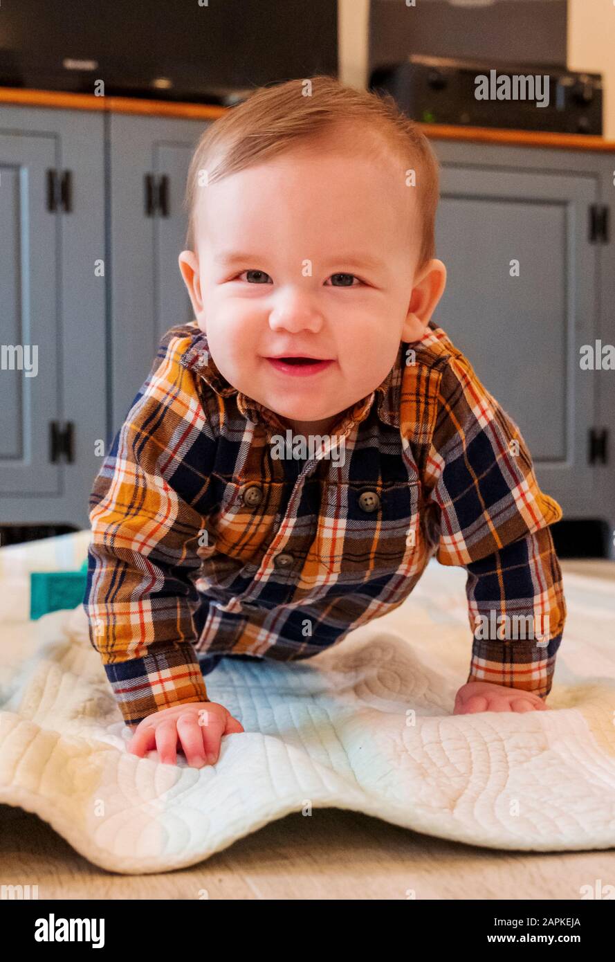 Seven month old baby boy happily crawling across living room floor ...