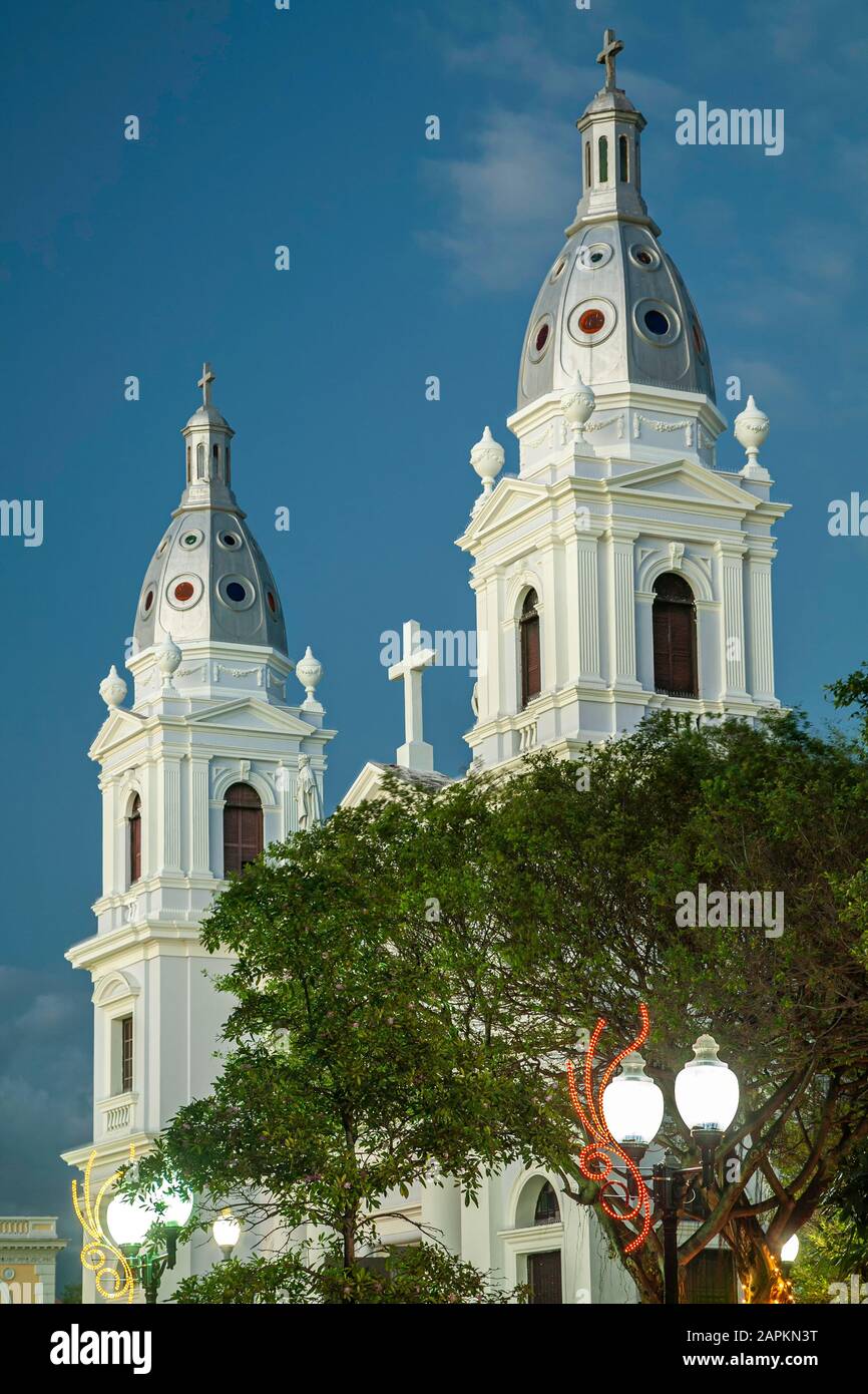 Bell towers at twilight, Our Lady of Guadalupe Cathedral (1930), Ponce ...