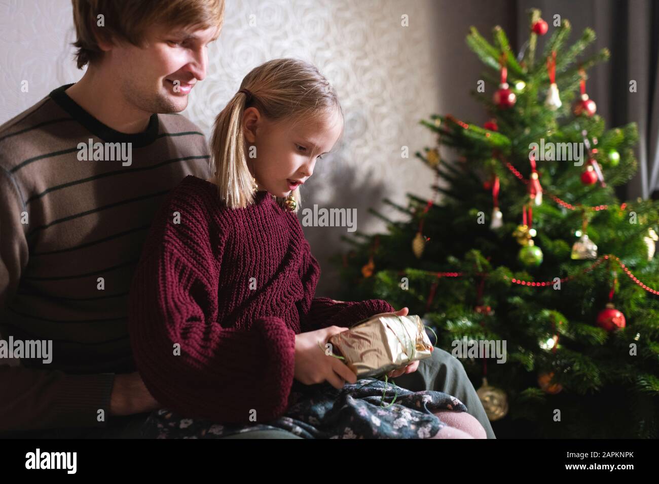 Blonde girl sitting on father's lap and opening Christmas present Stock ...