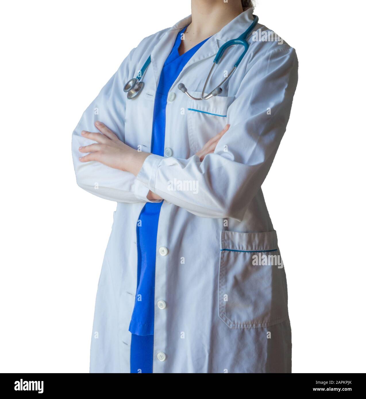 Female doctor wearing blue medical uniform and a white robe standing ...