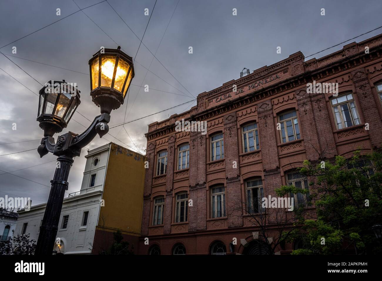 Beautiful view to old historic architecture lamp post and building in ...