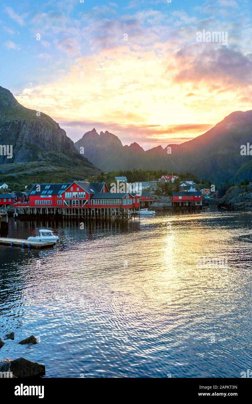 Norway, Moskenes, Lofoten Archipelago, Fishing village at sunset Stock ...
