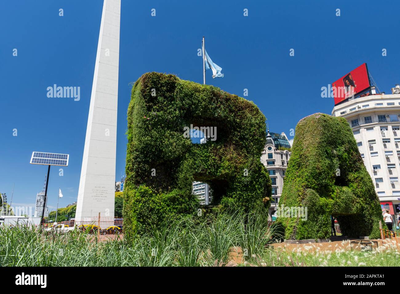View to big green letters BA near historic obelisk in central Buenos ...