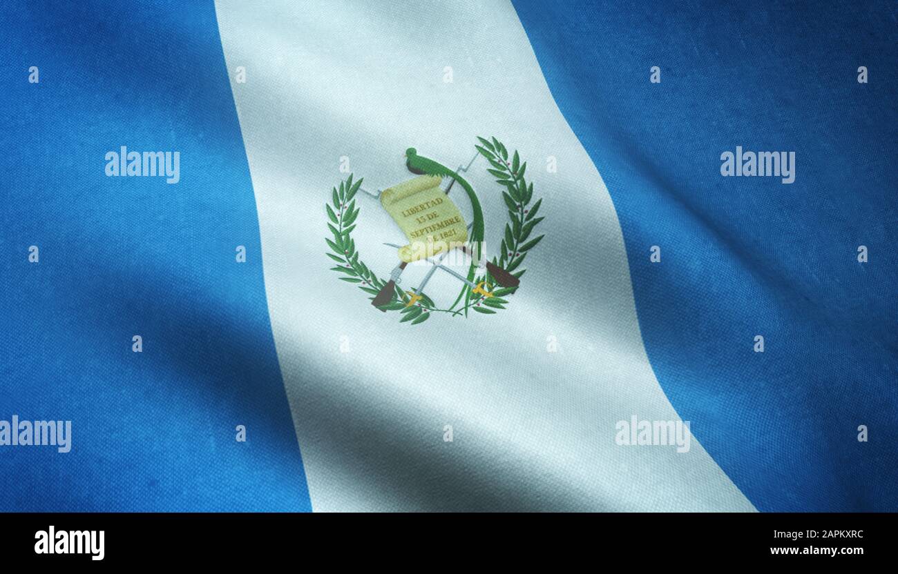 Closeup shot of the waving flag of Guatemala with interesting textures ...