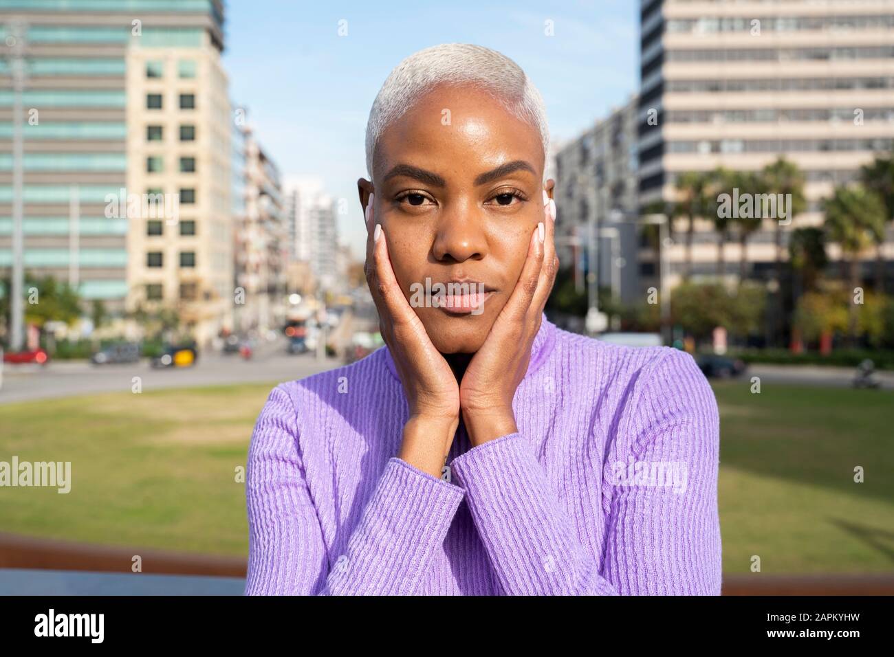 Portrait of white haired woman with stickers in her face Stock Photo ...