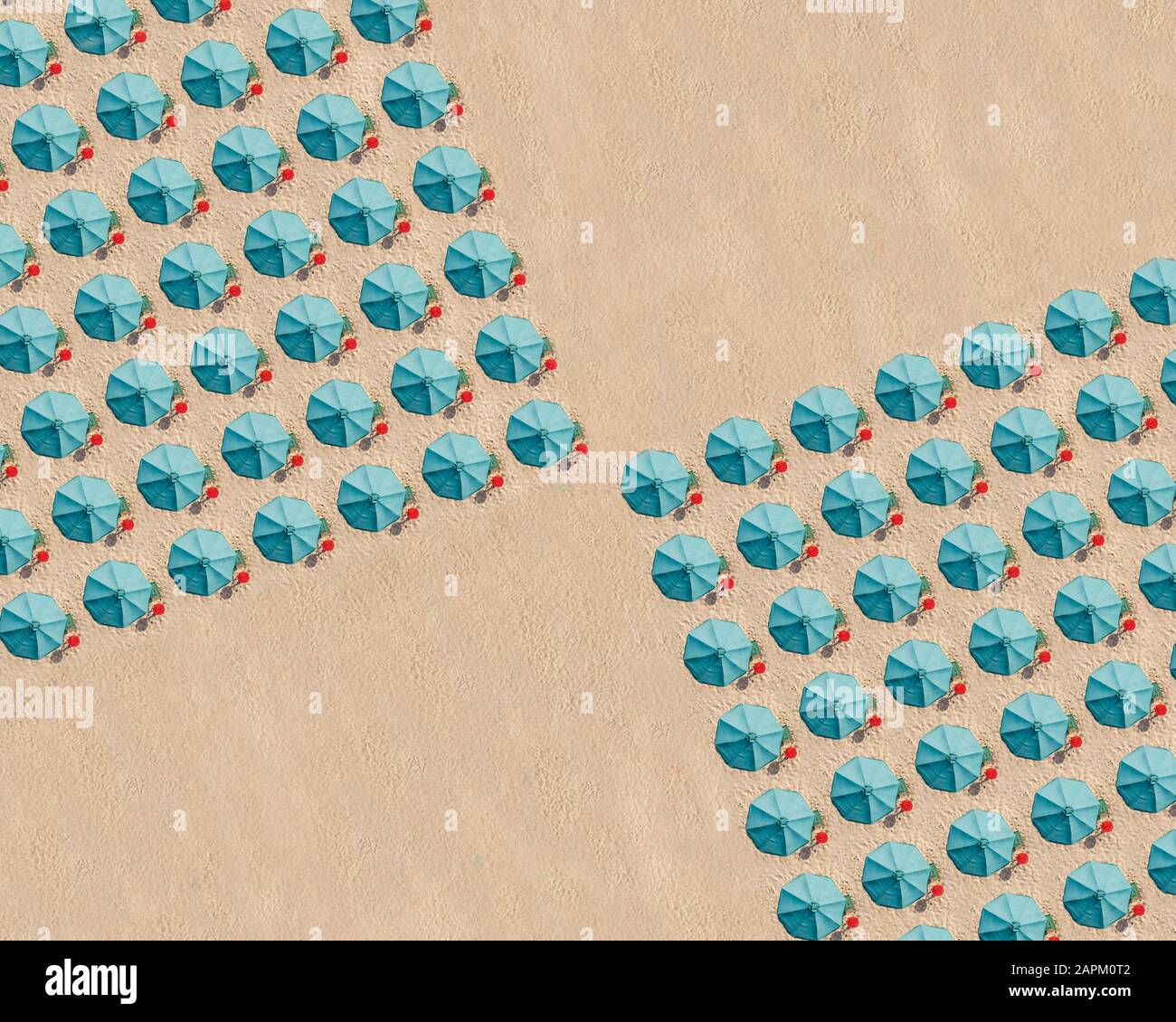 Aerial view of arrangement of turquoise colored beach umbrellas Stock ...