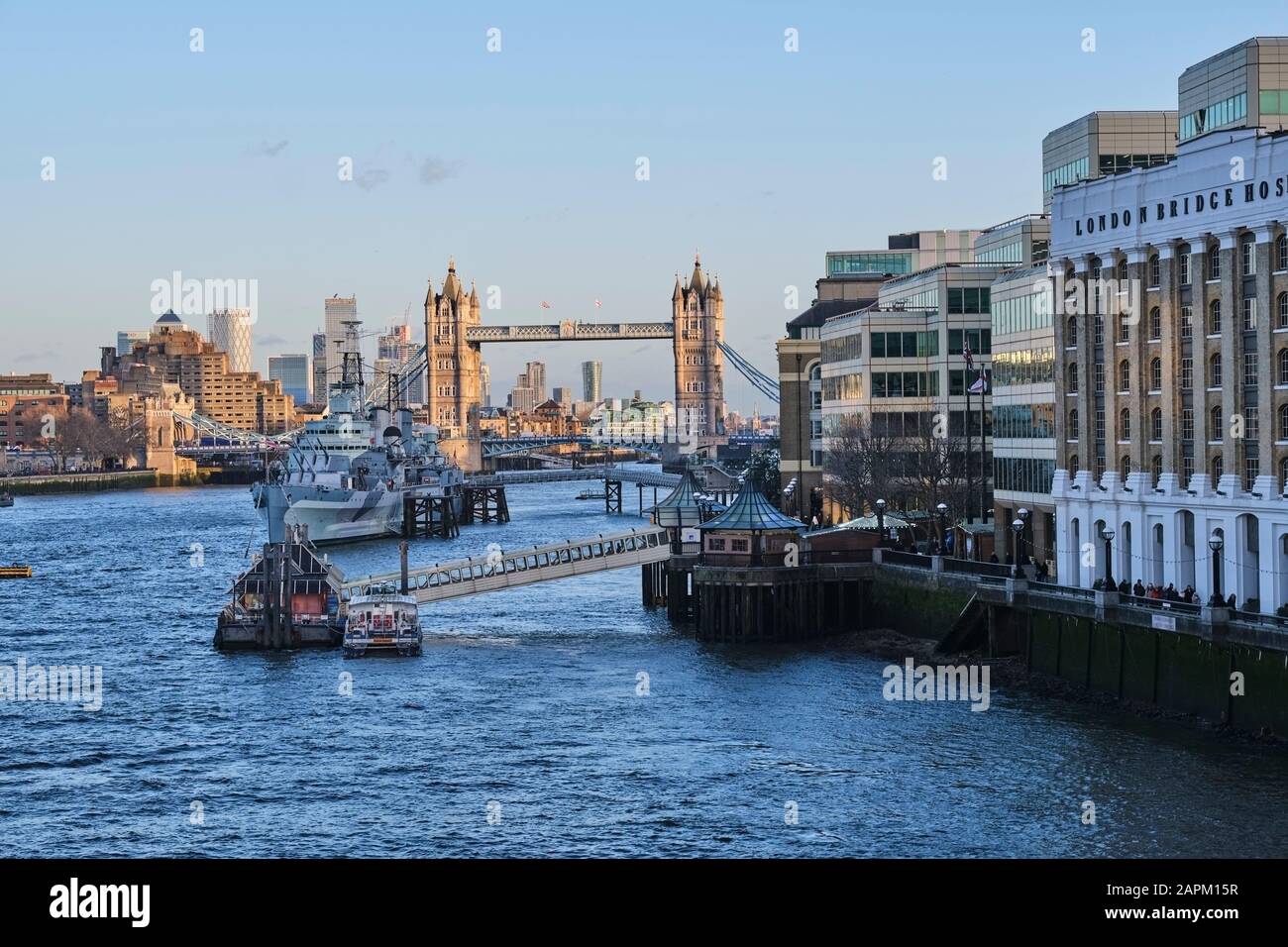 UK, England, London, Harbor with ship and Tower bridge in background ...