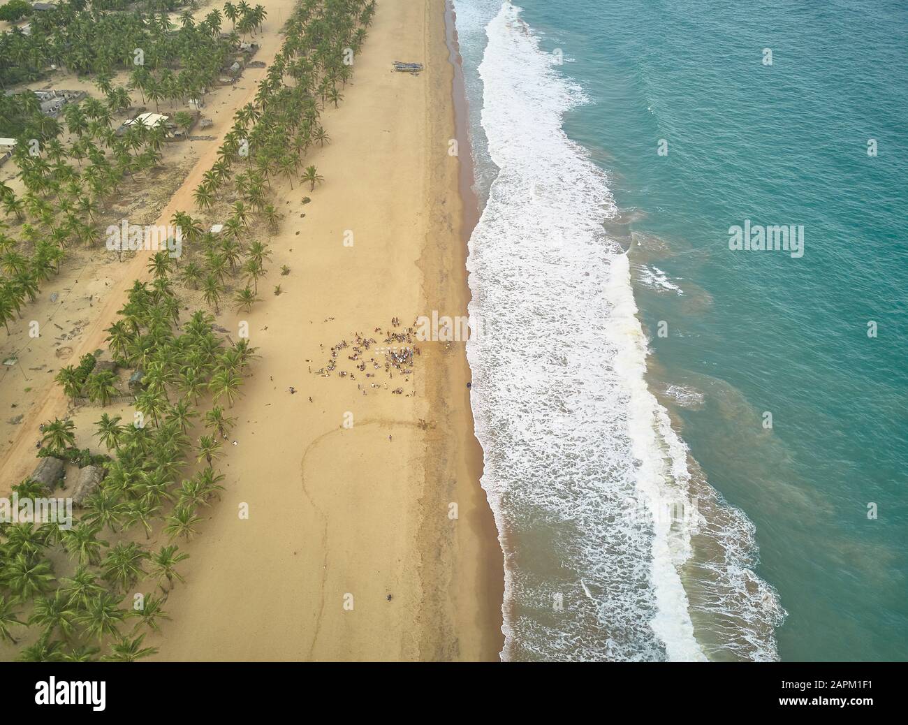 Benin, Aerial view of waves brushing sandy coastal beach Stock Photo ...