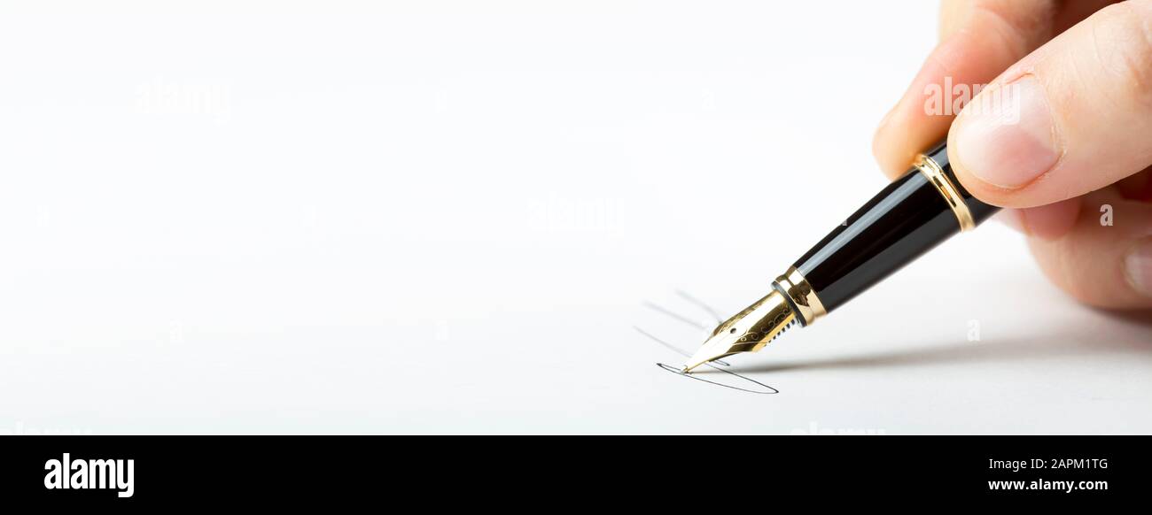 hand signing blank paper with fountain pen. horizontal ready banner ...