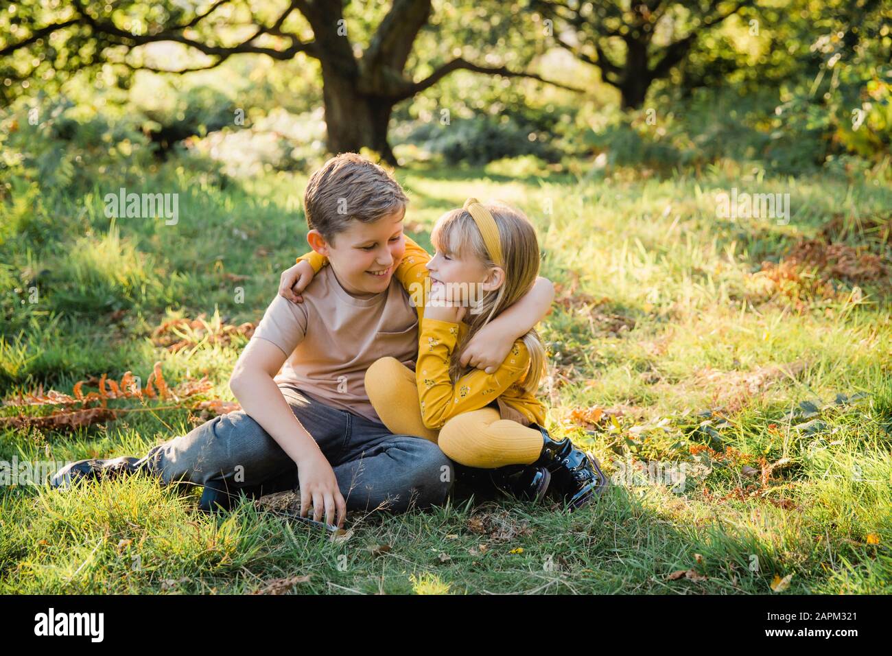 Two girls sit arm in arm on a meadow hi-res stock photography and ...