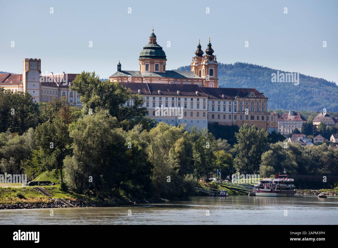 Austria, Lower Austria, Melk, Green trees between Danube river and Melk ...
