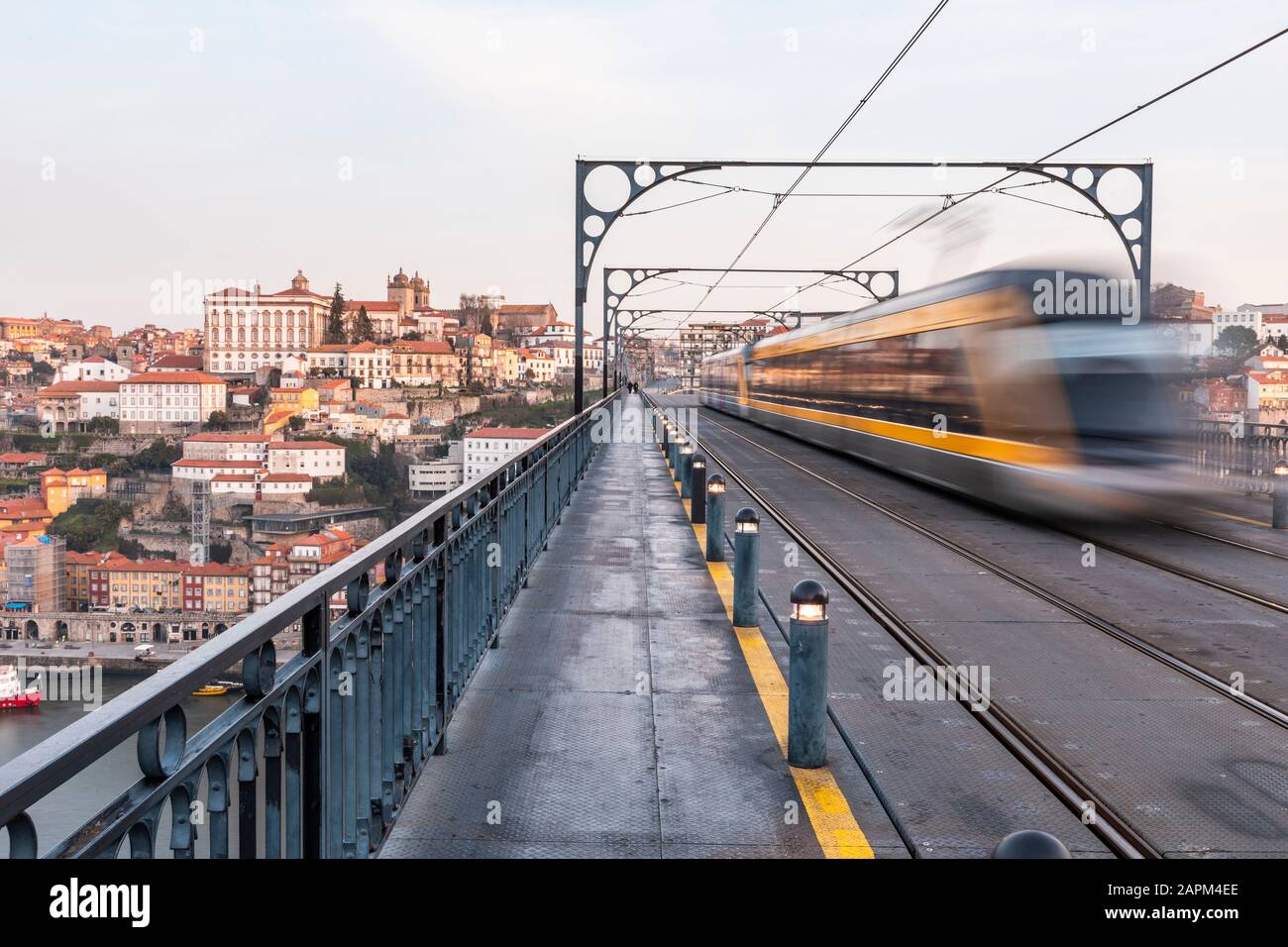 Portugal, Porto District, Porto, Train passing Dom Luis I Bridge Stock ...
