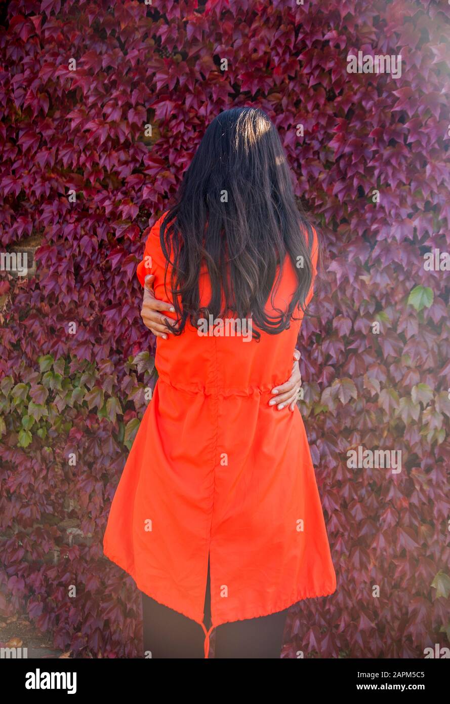 Woman hugging herself, rear view Stock Photo - Alamy