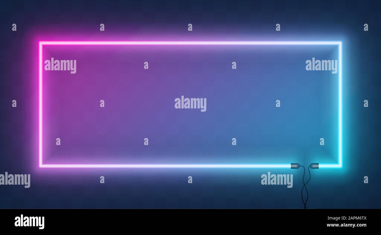 Neon horizontal rectangle frame, border with wire. Neon lights sign ...