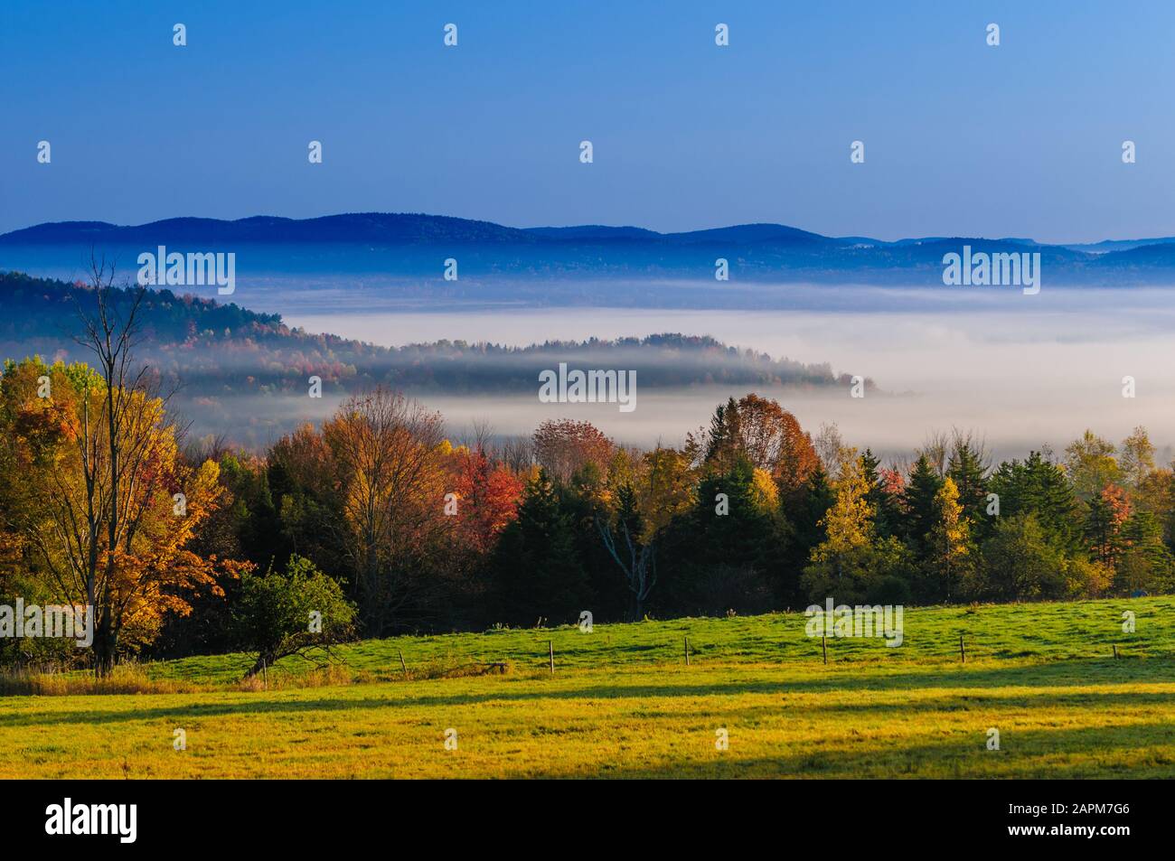 Morning sunrise during fall foliage season, Stowe, Vermont, USA Stock ...