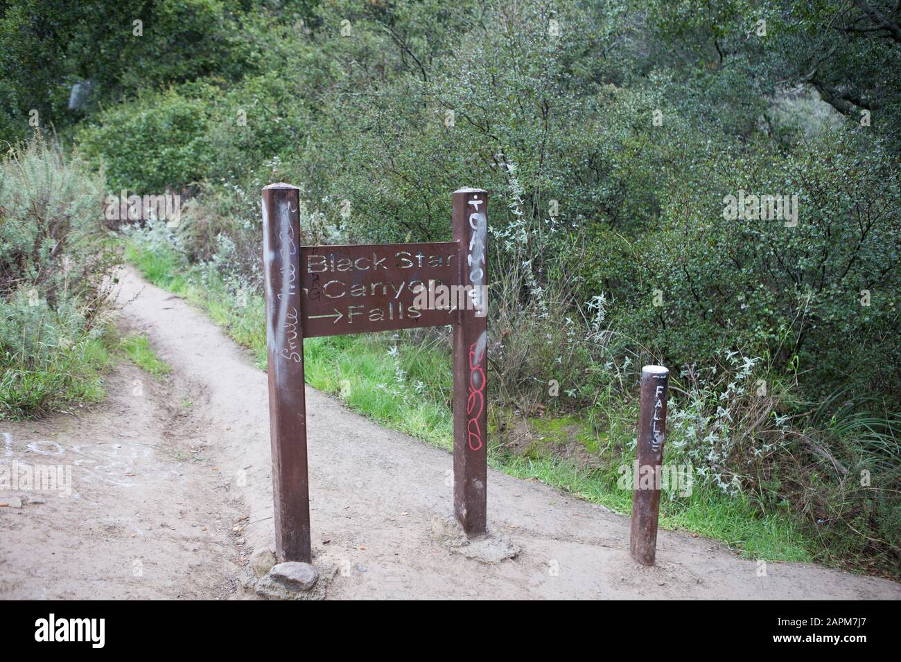 Black star canyon falls sign on this popular hiking trail in the Santa ...