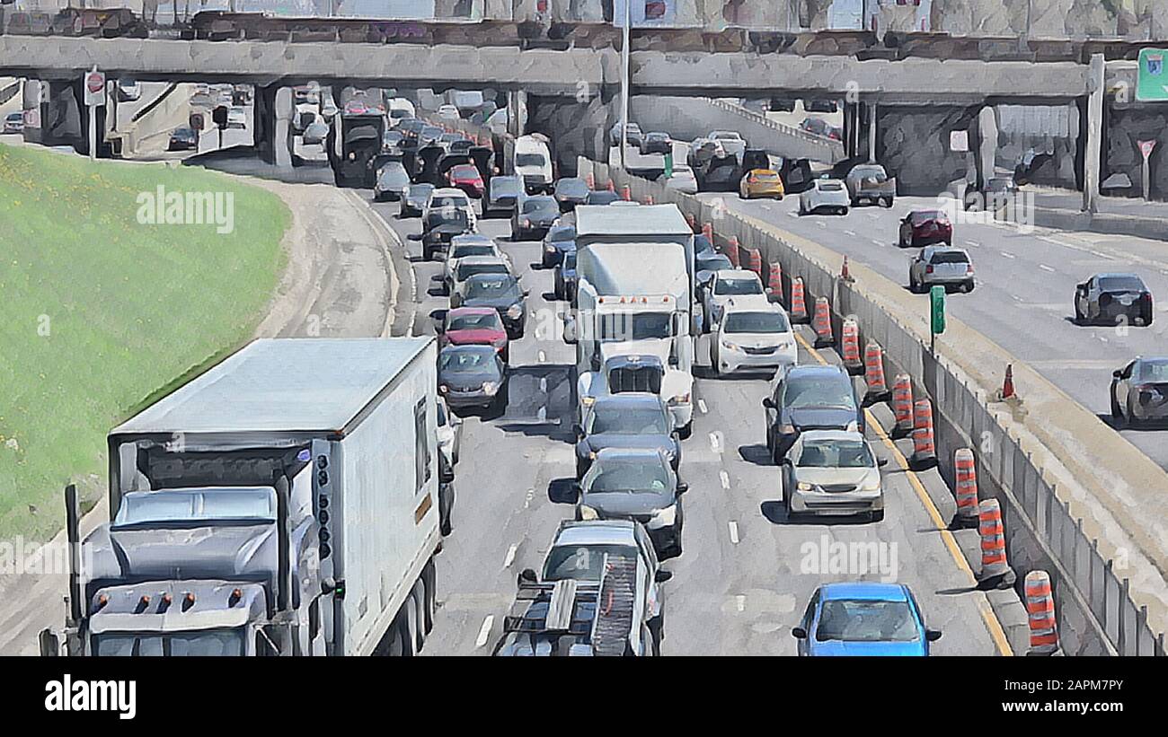 Cars , trucks , vehicles on highway. Computer painting , digital ...