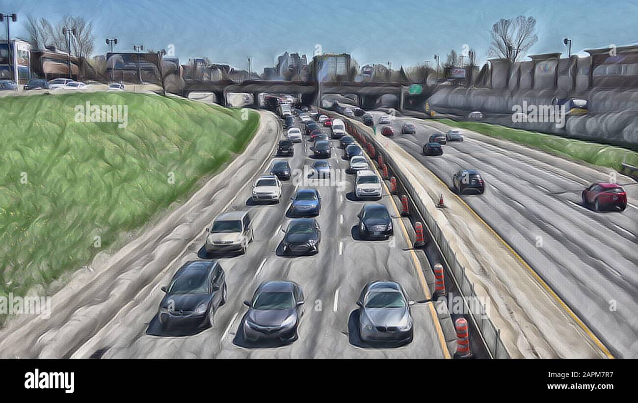 Cars , trucks , vehicles on highway. Computer painting , digital ...