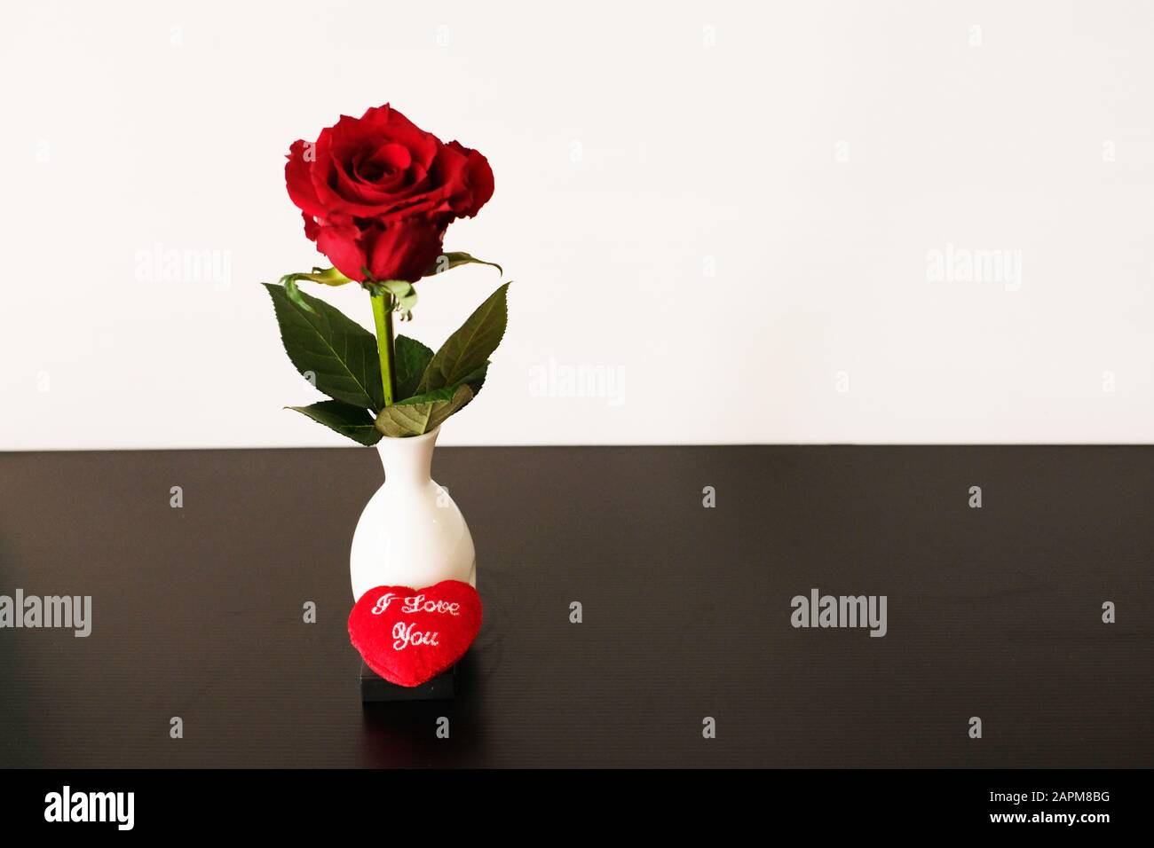Single red rose and mini heart with love words Stock Photo - Alamy