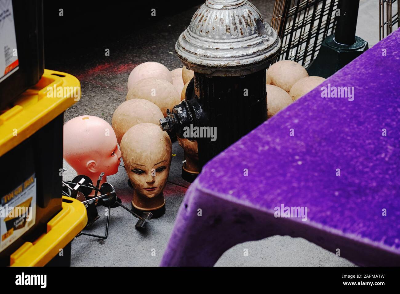 A strange sight beside a fire hydrant and Mannequins heads beside a ...
